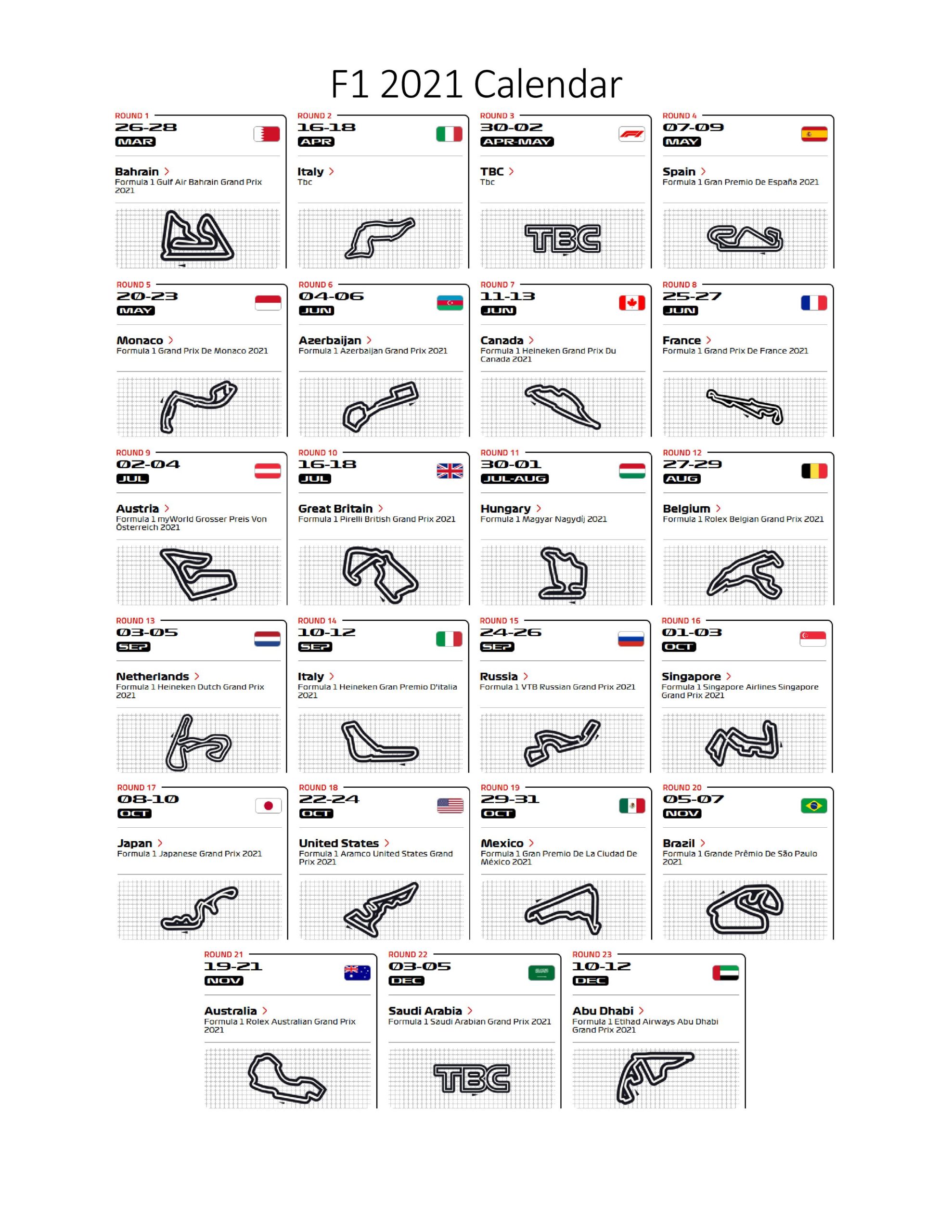 Printable F1 2021 Calendar – Chris Denney